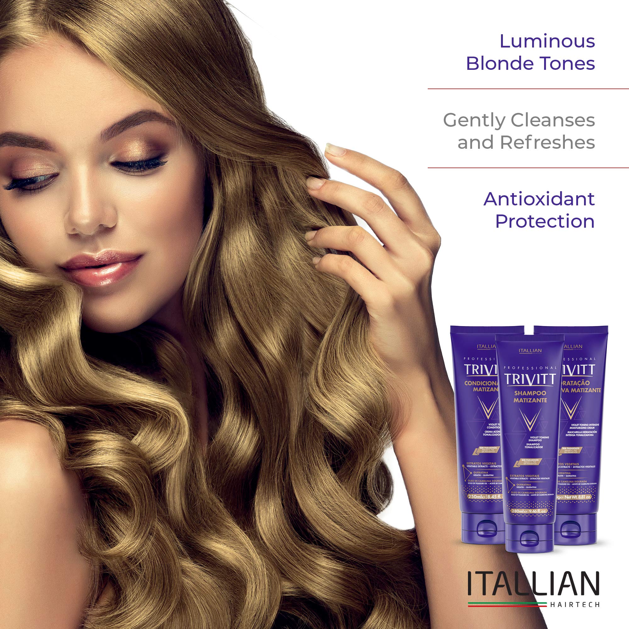 3 Piece Violet Toning Kit for Blonde Hair - Shampoo 280ml, Conditioner Cream 250ml, Intensive Moisturizing Cream 250ml for Advanced Hydration and Repair - Professional Trivitt by Itallian Hairtech