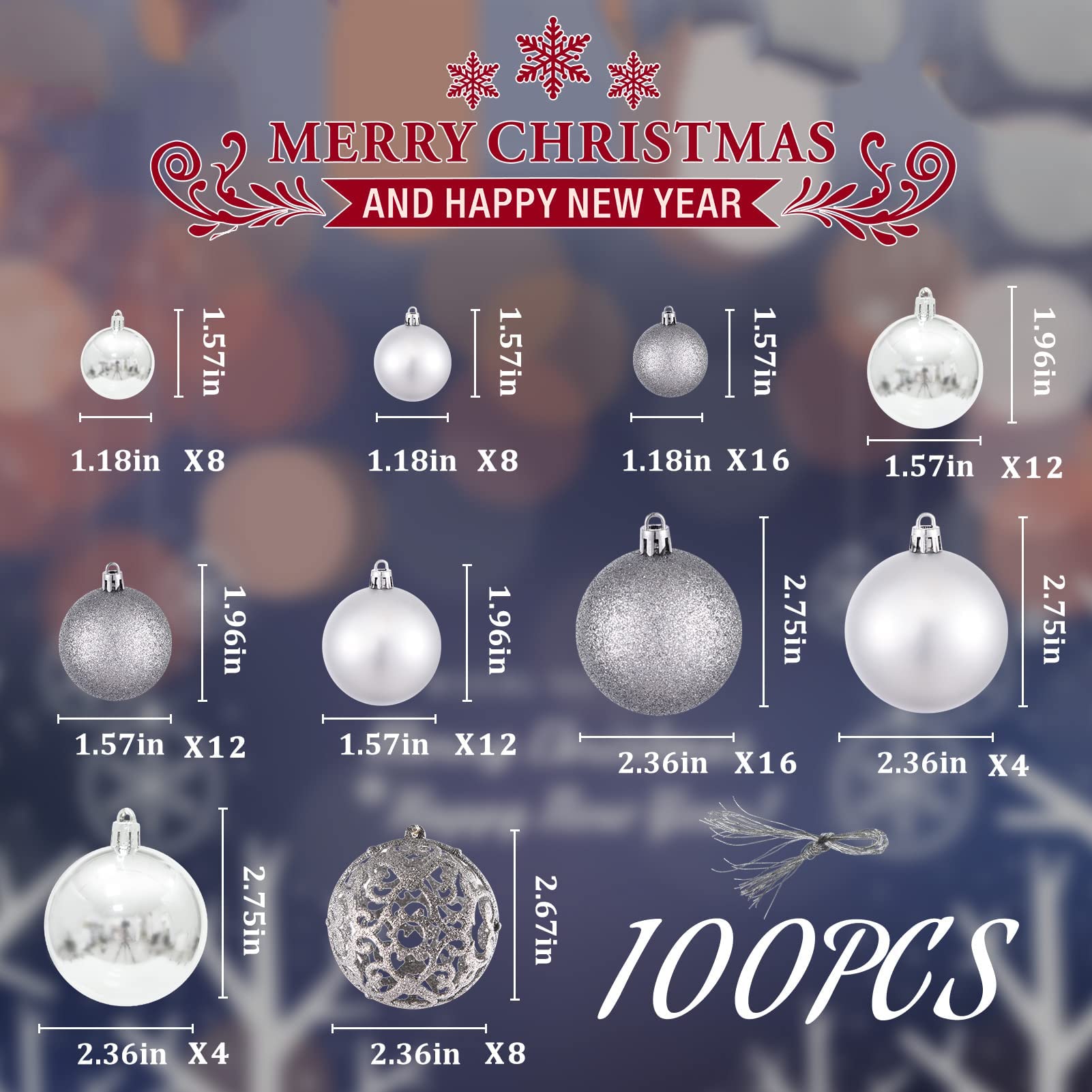 100ct Christmas Balls Tree Ornaments, Shatterproof Christmas Decorations Set with Reusable Hand-held Gift Package for Holiday Xmas Tree Decor (Silver)