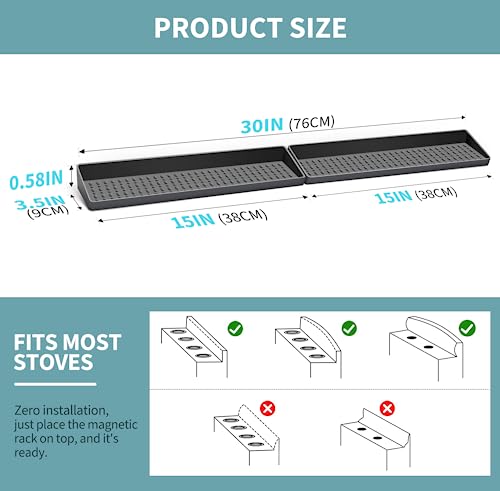 30" Stove Top Spice Rack,Silicone Top Heat Material Magnetic Stove Top Shelf Zero Installation Flexible Spice Organizer Containers Kitchen Shelf Gadgets with 2 Functional Prtitions for Kitchen Storage