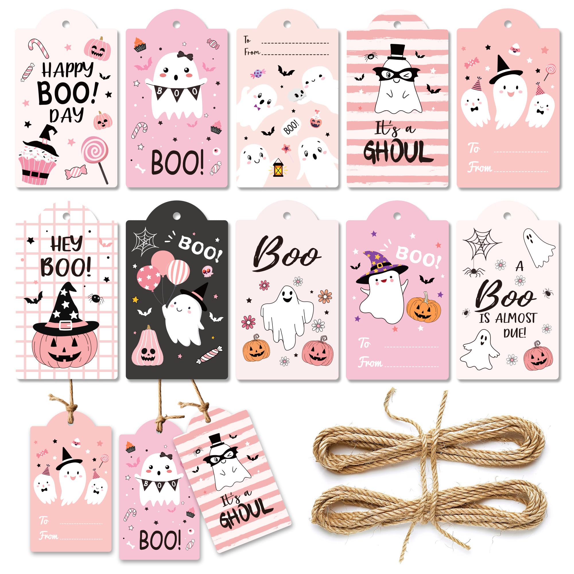 120Pcs Halloween Thank You Tags Pink Black Ghost Pumpkin Pattern Thank You Favor Tags Kraft Paper Gift Tags for Gifts for Baby Shower Halloween Party Supplies, 10 Design