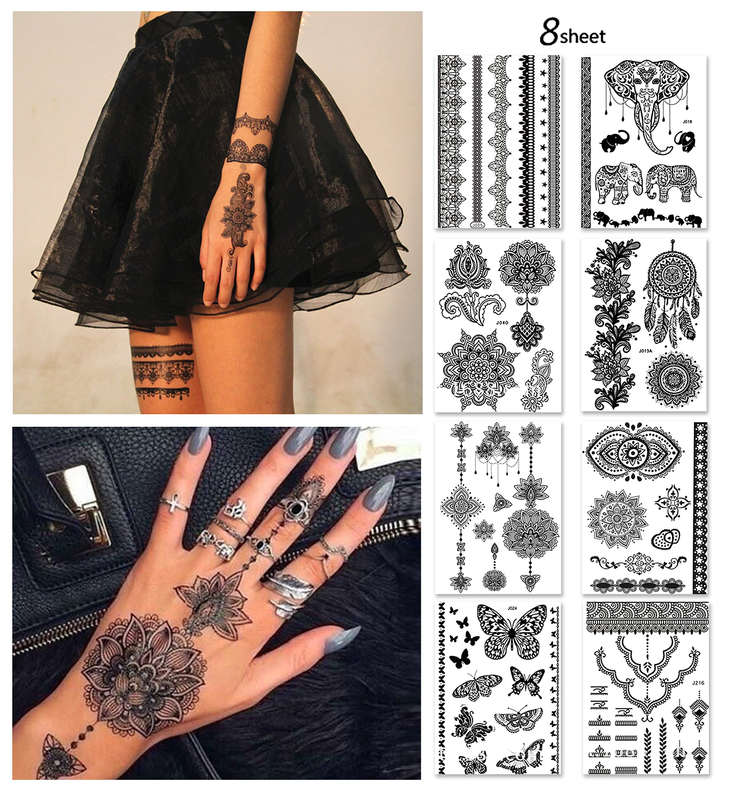 8 Sheets Temporary Tattoo Stickers Lace Sexy Body Waterproof Tattoo stickers Women Wedding Party