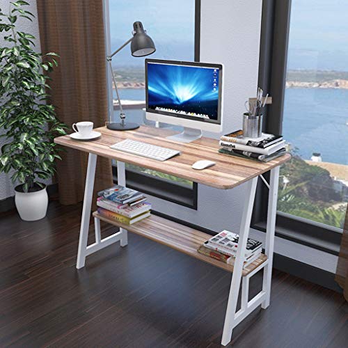 Desktop Computer Desk with Storage Rack, Home Office Study Writing Table Computer Gaming Table Bedroom Laptop Study Table, Student Workstation Study Reading Writing Desk PC Laptop Table (Brown)