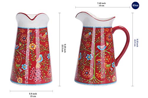 Bico Red Spring Bird Ceramic 2.5 Quarts Pitcher with Handle, Decorative Vase for Flower Arrangements, Dishwasher Safe