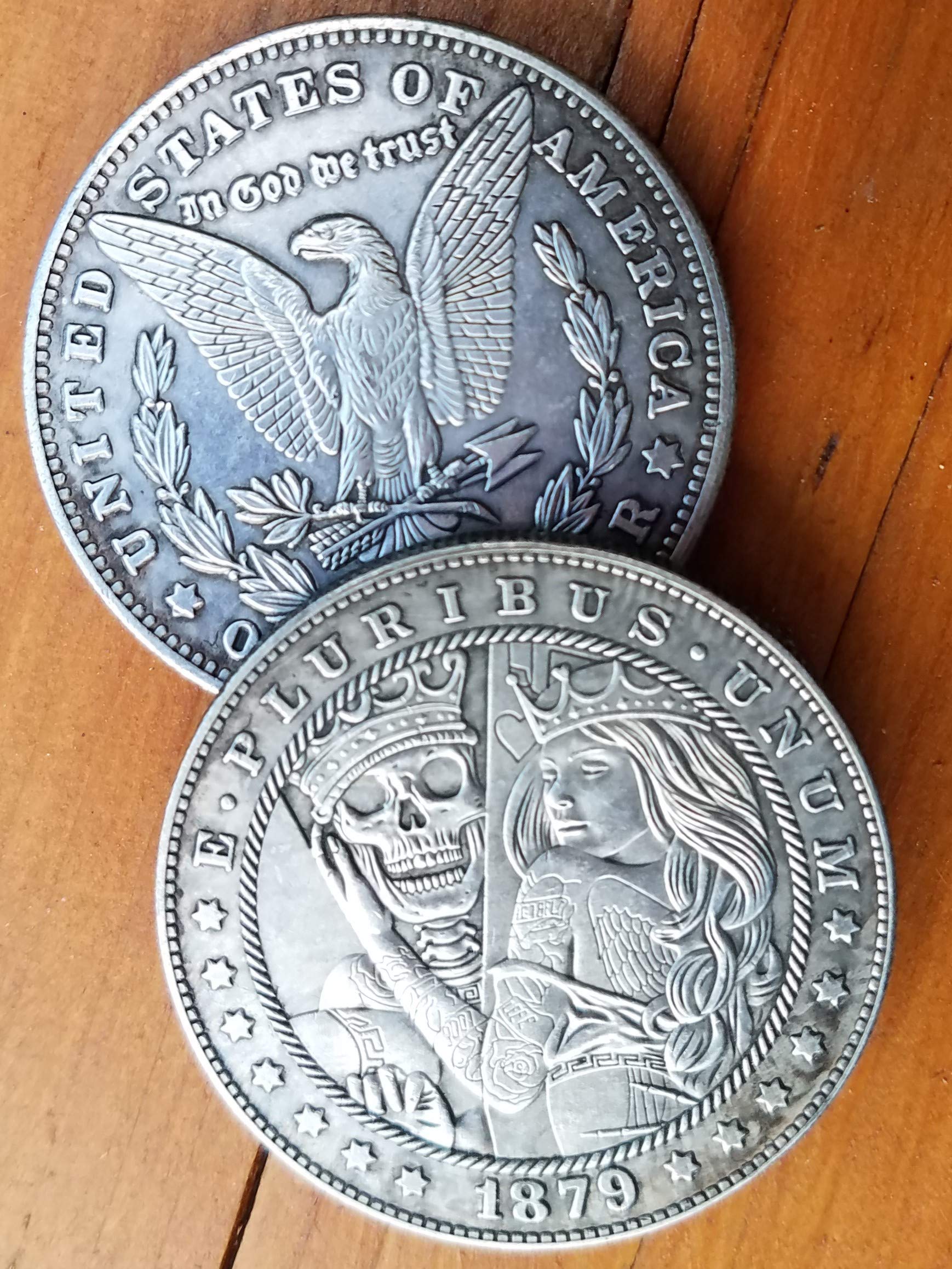 1879 Tattoo Princess with Her Skeleton King Art Coin Replica Morgan Silver Dollar Carson City Mint Mark 1.5" (38mm) Collectible with Protective Capsule and Display Stand β Comes with Display Stand