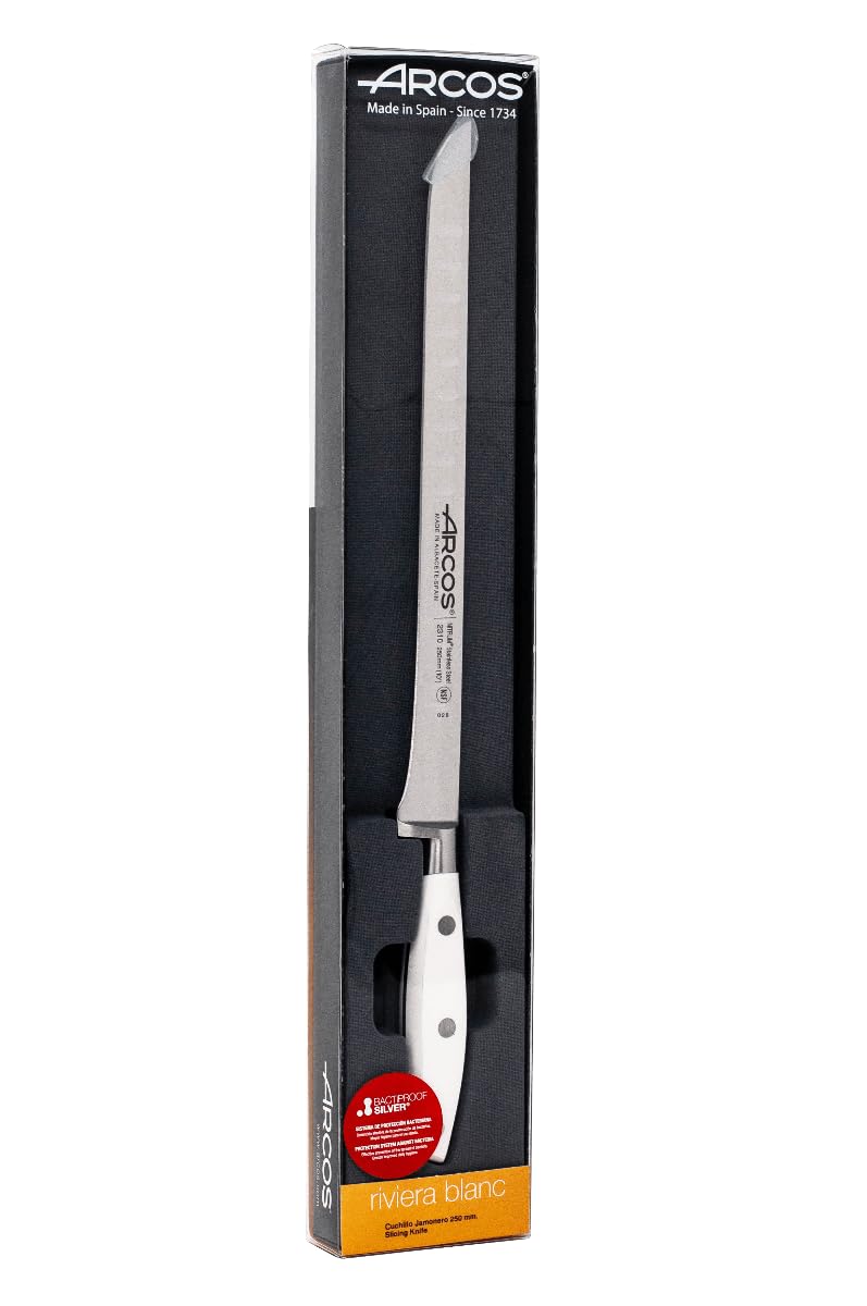 ARCOS Forged Slicing Knife / Ham Knife 10 Inch Nitrum Stainless Steel and 250 mm blade. Ergonomic Polyoxymethylene POM Handle. Series Riviera Blanc. Thin blade with a characteristic smooth edge. Color White.