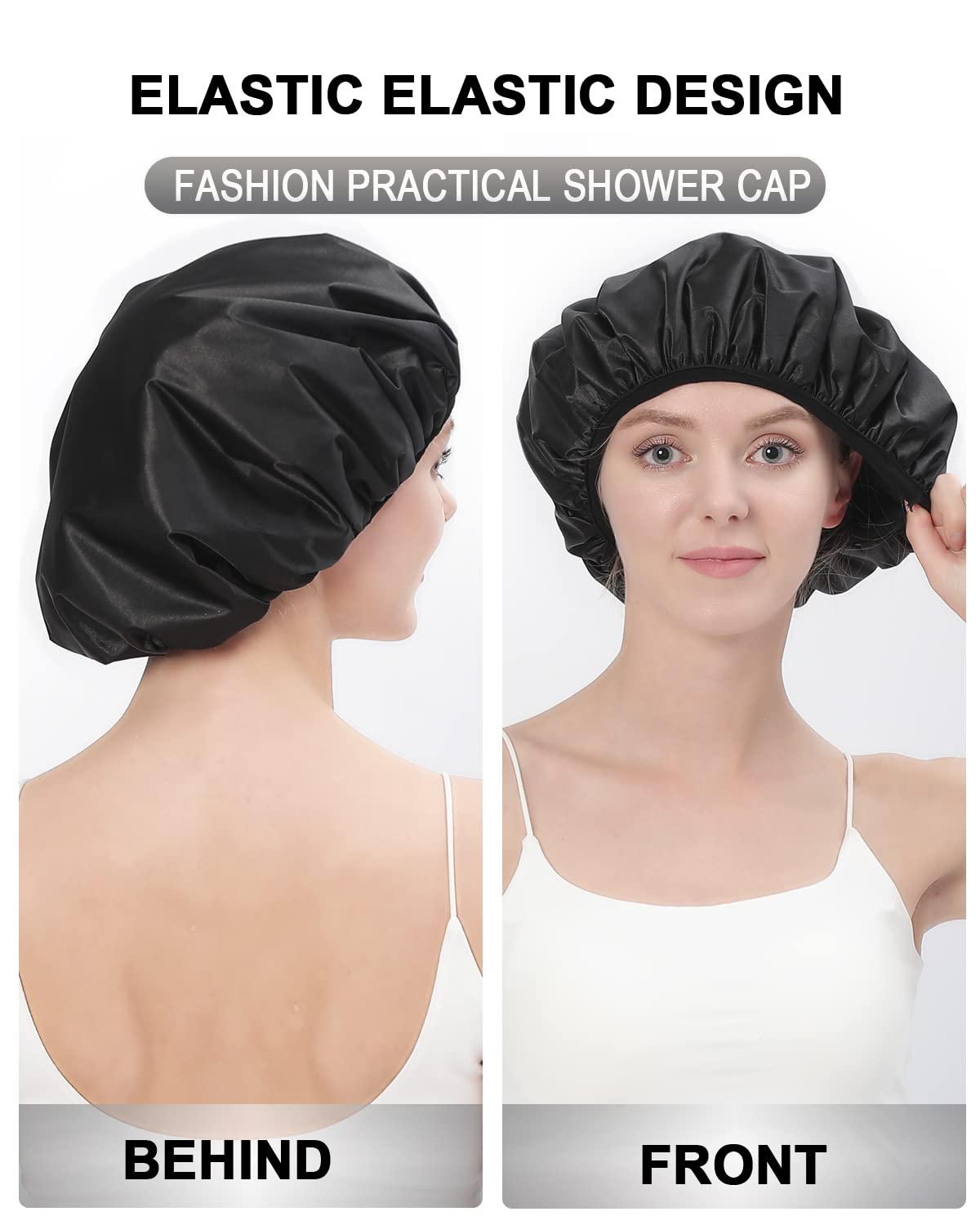 YIZIJIZI Terry Lined Shower Cap,Triple Layer Large Cap for Women,Shower Cap Reusable Waterproof,Long Thick Hair(Black)