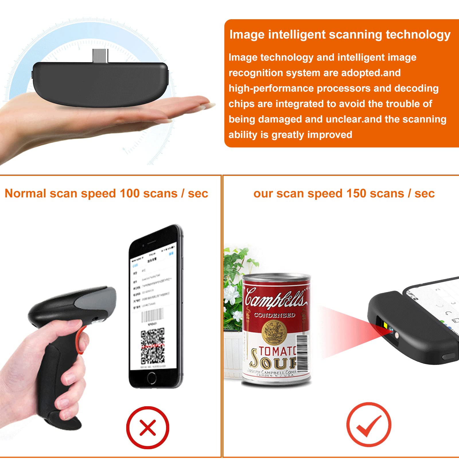 2D Cell Phone Barcode Scanner,Alacrity QR Barcode Reader Scanner Module Scanner with Auto Sensing Type-C Cell Phone Screen Barcode Scanner Scan