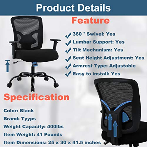 Big and Tall Executive Office Chair - 400lbs Adjustable Height PU Leather Swivel Ergonomic Desk Chair w/Thick Padding Headrest & Massage Lumbar Support Arms for Home Office Black