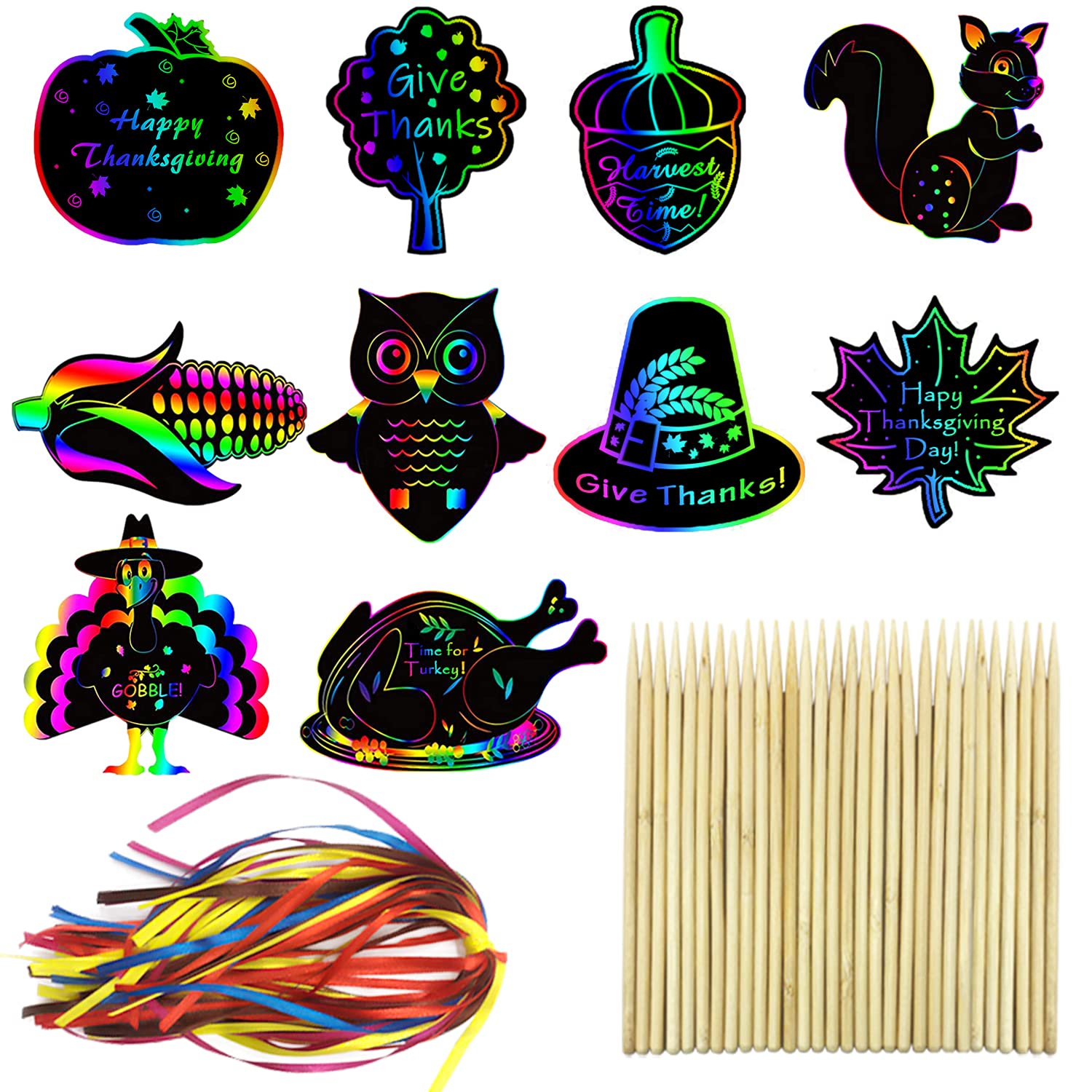 60PCS Thanksgiving Rainbow Scratch Art, Fall Paper Crafts for Kids, Thanksgiving Day Pumpkin Maple Turkey Hanging Ornament Decorations, Art Craft Supplies for Home Tree Classroom Decor