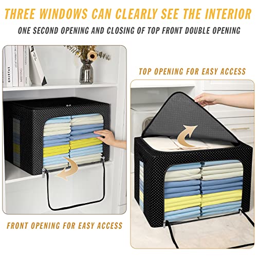 3 Pack Clothes Storage Organizer Bins - Foldable Metal Frame Storage Bins Stackable Oxford Cloth Fabric Container Organizer Set with Carrying Handles and Clear Window (Large-66L, Black Dots)