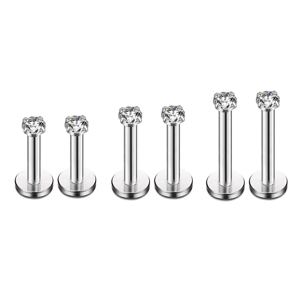 16G Stainless Steel Lip Rings Labret Monroe Nose Tragus Helix Stud Ear Piercing Internally Threaded 2mm Diamond CZ 6mm 8mm 10mm Bar Length 3 Pairs Set (Steel)