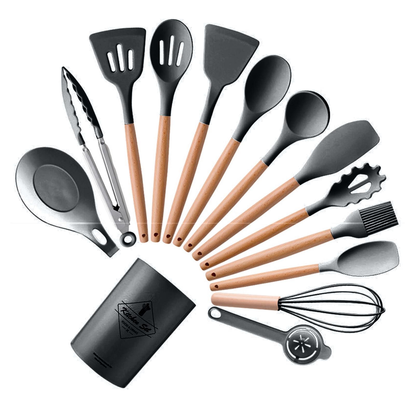 14 Pcs Silicone Kitchen Utensil Set Tongs Spoon Spatula Wood Handle Cooking Utensils Kitchen Gadget Tools Set Non Stick Heat Resistant Cooking Utensils