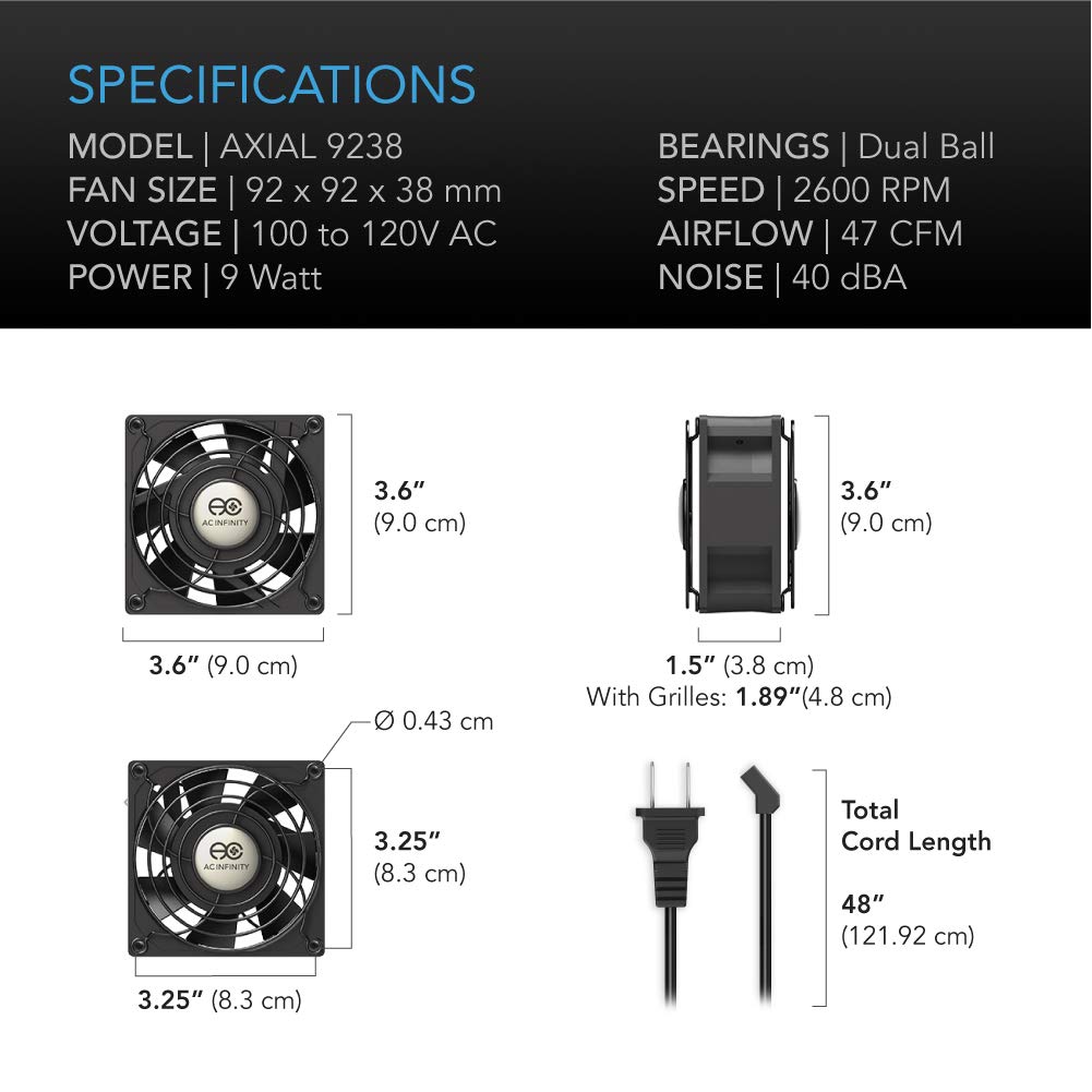 AC Infinity AXIAL 9238, Muffin Fan, 120V AC 92mm x 38mm High Speed, for DIY Cooling Ventilation Exhaust Projects