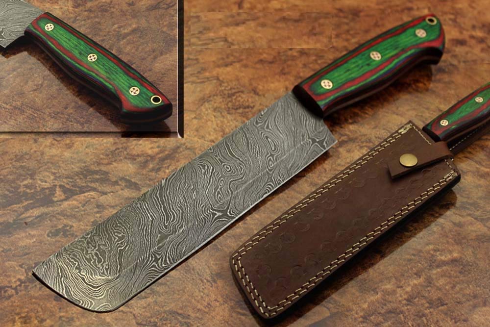 12.5" hand forged Damascus steel Nakiri knife, kitchen knife, vegetable knife, 2 tone Green & Maroon wood scale, Cow hide Leather sheath with belt loop