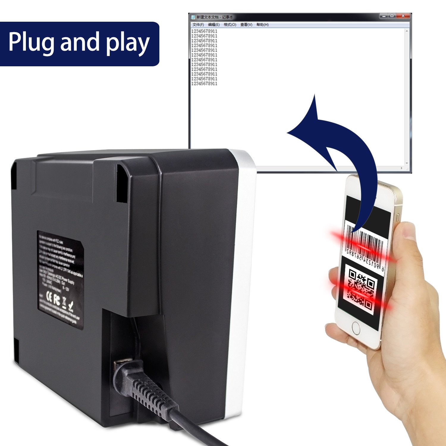 2D QR Barcode Scanner,Symcode Omnidirectional Hands-Free Automatic Barcode Reader Able to Read PDF417 on ID Card,Driver's License,Passport