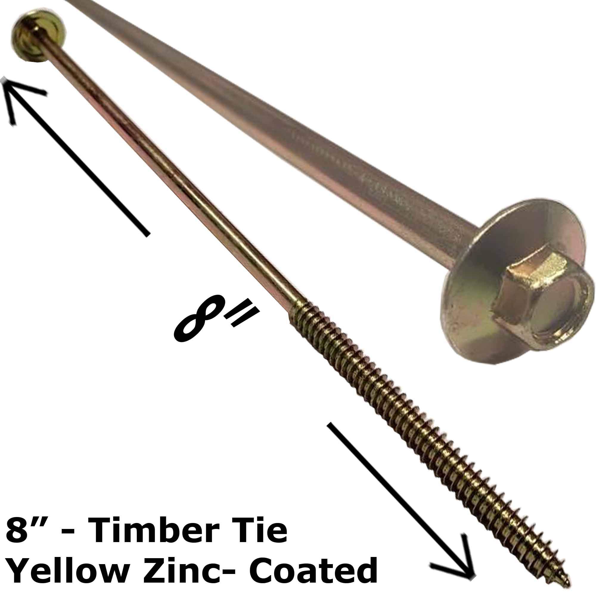 8" - Zinc Coated Rust Resistant Timber Tie - Heavy Duty 1/4" - Hex Head Structural Screw - 5/8" Wide Flange Head with coarse Thread for Secure Hold - Heavy Duty 3/16" Shank for Extra Strength (10)