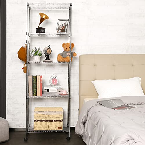 BATHWA 5-Shelf Wire Shelving Units, Sturdy Metal Shelf Chrome Organizer Wire Rack with 360° Wheels, Adjustable Utility Storage Shelves for Garage, Kitchen, Living Room, Bathroom, 23.2L x 13.8W x 72H