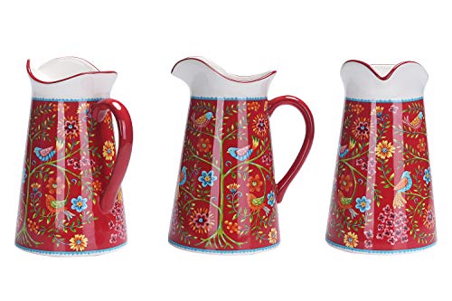 Bico Red Spring Bird Ceramic 2.5 Quarts Pitcher with Handle, Decorative Vase for Flower Arrangements, Dishwasher Safe