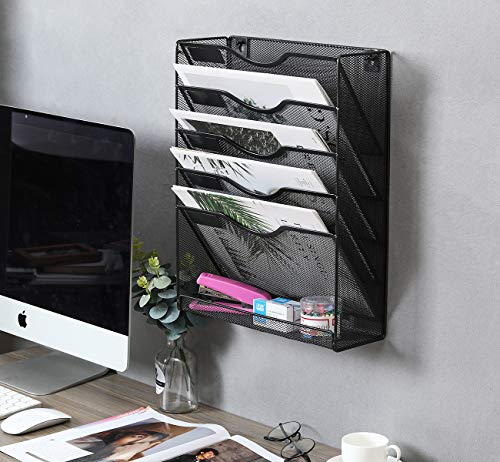 EasyPAG Mesh Wall Hanging File Organizer Holder 5 Tier Vertical Pocket Magzine Rack with Tray | Sides Closed ,Black