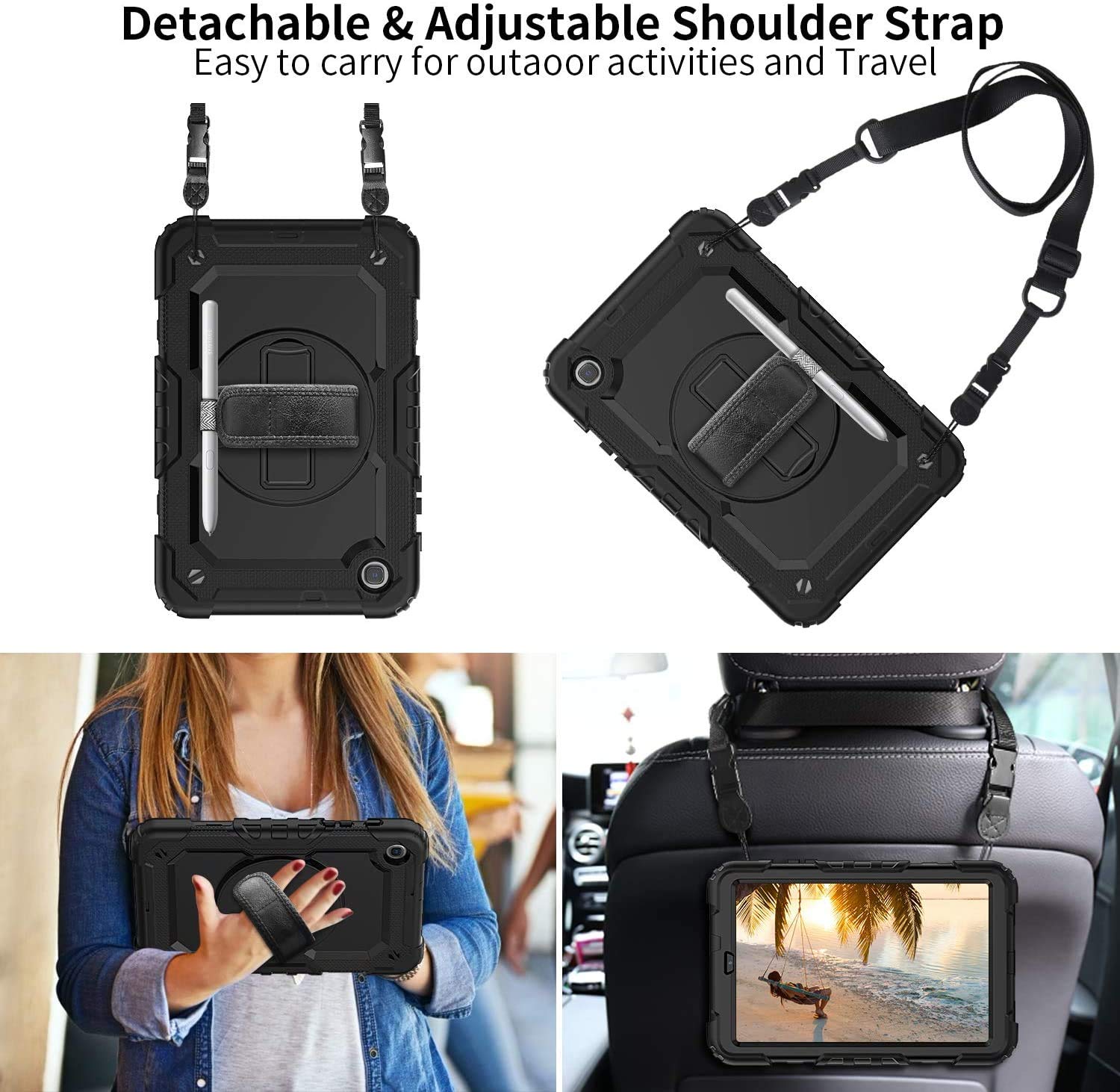 BLOSOMEET Case for Samsung Galaxy Tab S6 Lite 10.4" 2024/2022/2020 with Screen Protector S Pen Holder,Heavy Duty Case for S6 Lite Tablet P620/P625/P610/P613 with Stand Hand Shoulder Strap,Black