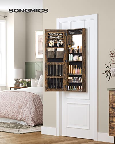 SONGMICS Jewelry Cabinet Armoire, Wall/Door Mount Storage Organizer with Full-Length Mirror, Lockable Cabinet with Built-in Small Mirror, Shelves, Gift Idea, Rustic Brown UJJC003X01