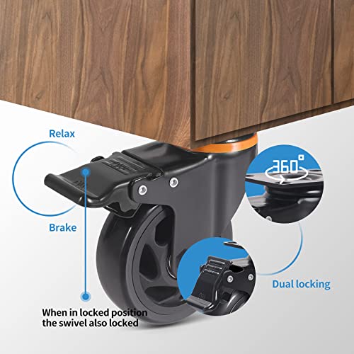4 Inch Caster Wheels, Casters Set of 4 Heavy Duty with Brake, Polyurethane Foam No Noise Wheels, Safety Dual Locking Plate Industrial Casters, Loading 2000lbs (Two Sets Hardward Kits)