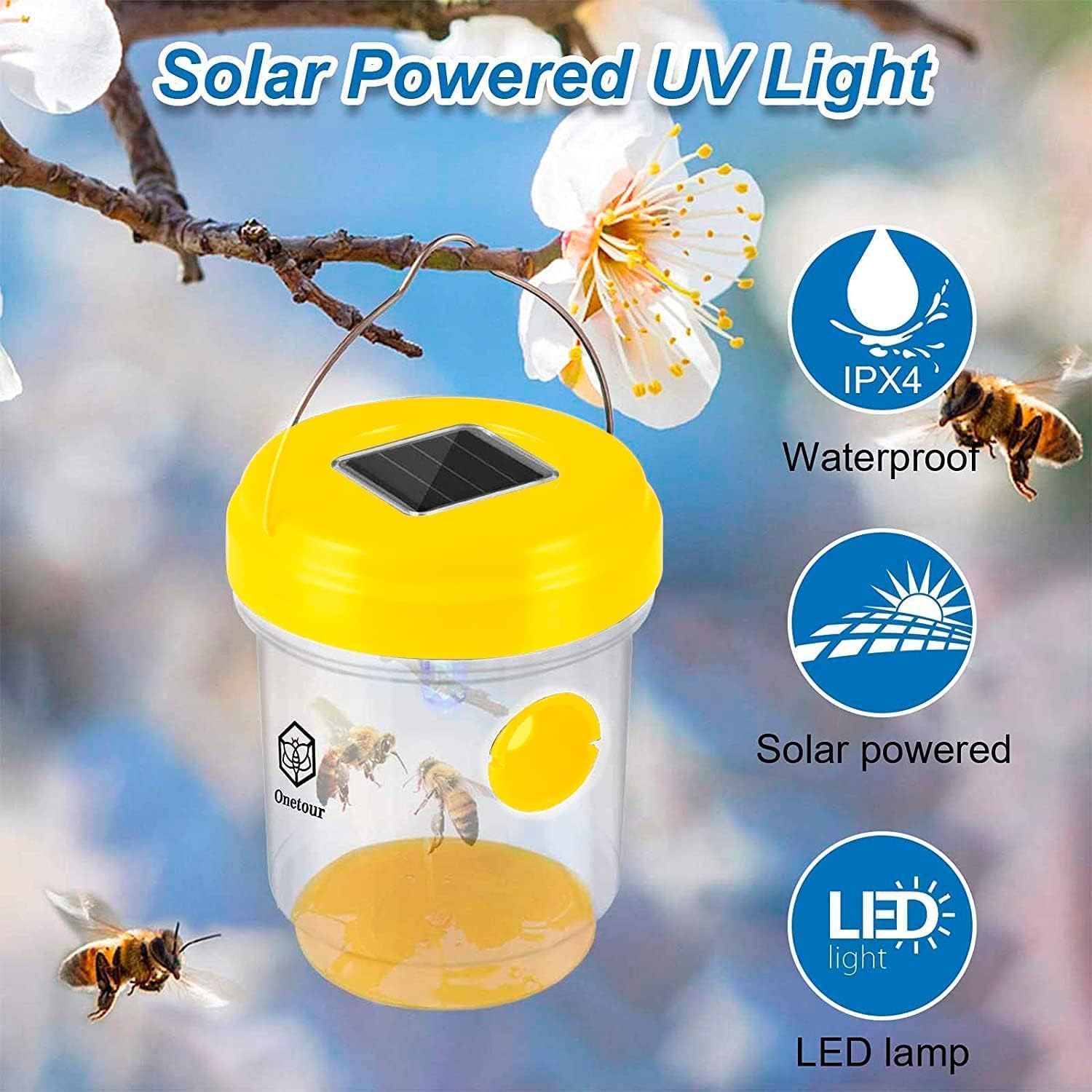 2 Packs Wasp Trap - Solar Powered Bee Trap Outdoor for Yellow Jackets, Hornets and Wasps - Durable Wasp Killer and Bee Killer - Reusable Yellow Jacket Trap and Insect Trap