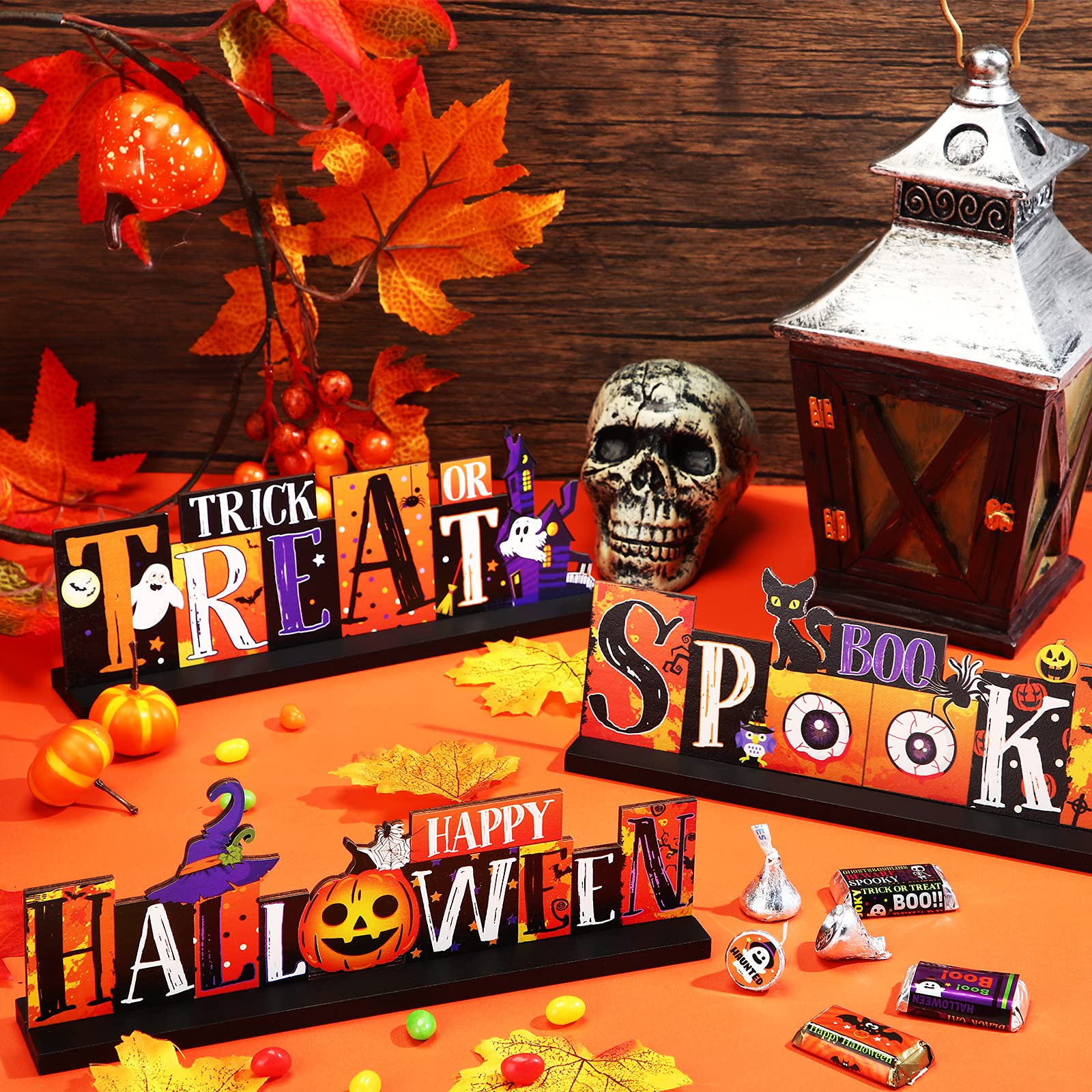 3 Pieces Halloween Table Decorations Pumpkin Table Centerpiece Boo Spooky Wood Sign Trick or Treat Witch Hat Table Decor for Halloween Table Party Living Room Kitchen Office Bar Decorations