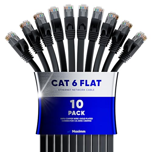 Cat6 Ethernet Cable 1ft, 10-Pack Black - Flat High-Speed Network Cables for Gaming, Streaming, Router, Modem, PC, PS5, Xbox - Durable & Space-Saving Design