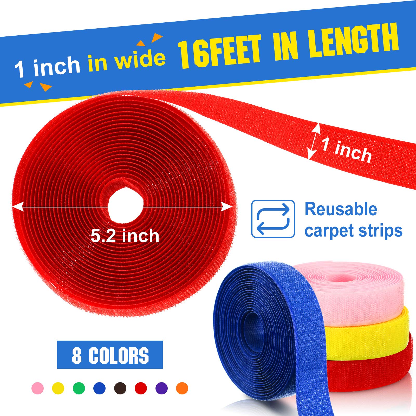 Chuangdi 8 Rolls Carpet Marker Strips Carpet Nylon Carpet Strips for Classroom, Teachers, Office, Social Distance, 8 Colors(131 Feet)