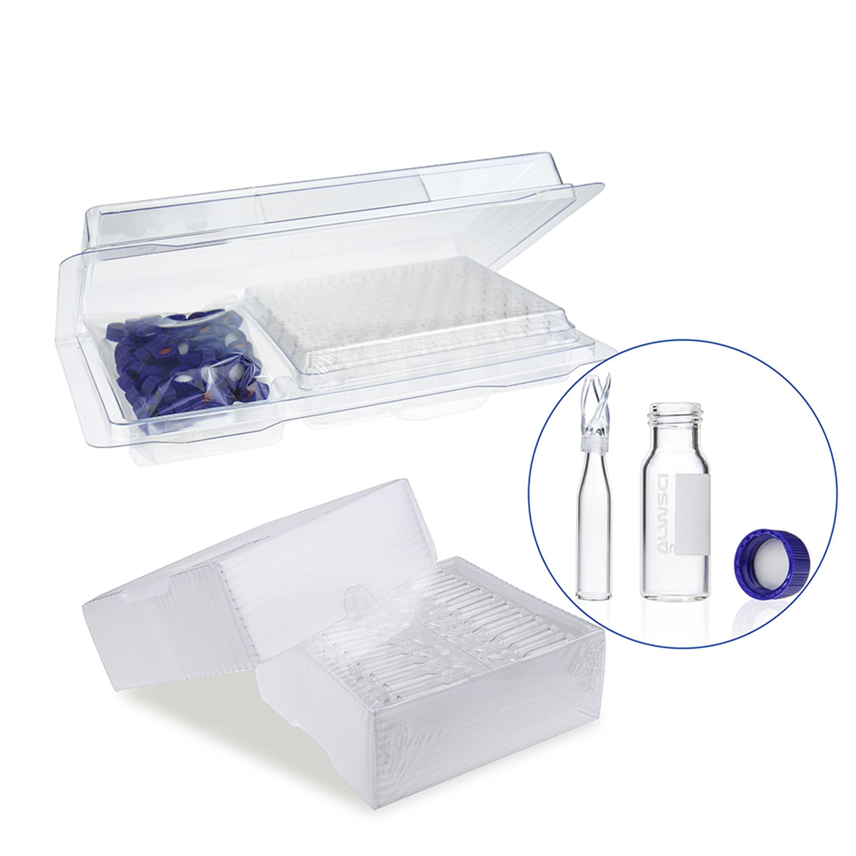 ALWSCI 2ml 9mm HPLC Vial, Clear Autosampler Vial Graduation, 9-425 Blue Screw Cap with Hole, White PTFE&Red Silicone Septa and Polyspring 6mm Insert Diameter, Volume 200µl (Pack of 100)