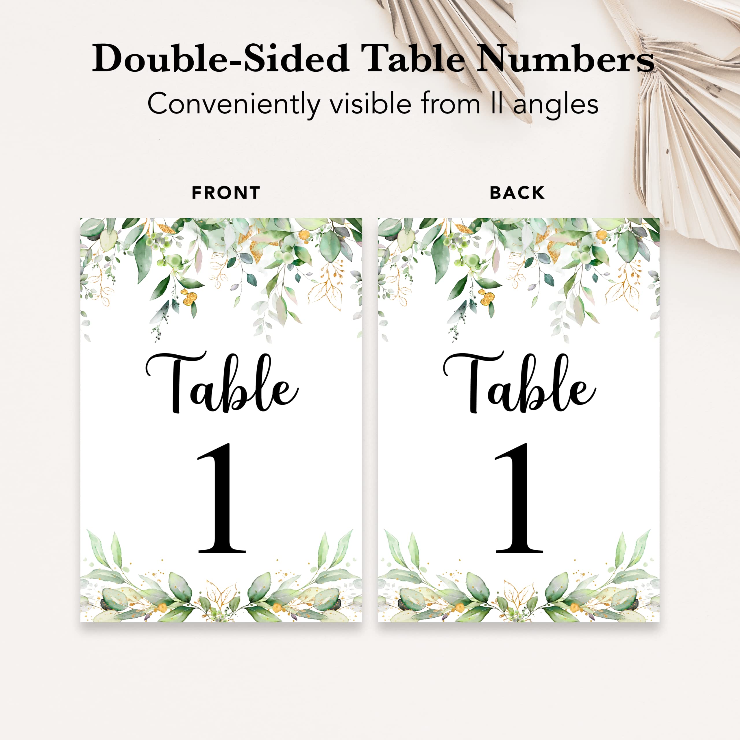 25 Pcs Effortless Events Wedding Table Numbers, 4x6 in Table Numbers for Wedding Reception 1-25, Gold & Greenery Eucalyptus Design for Rustic Weddings, Receptions, Parties, & Events