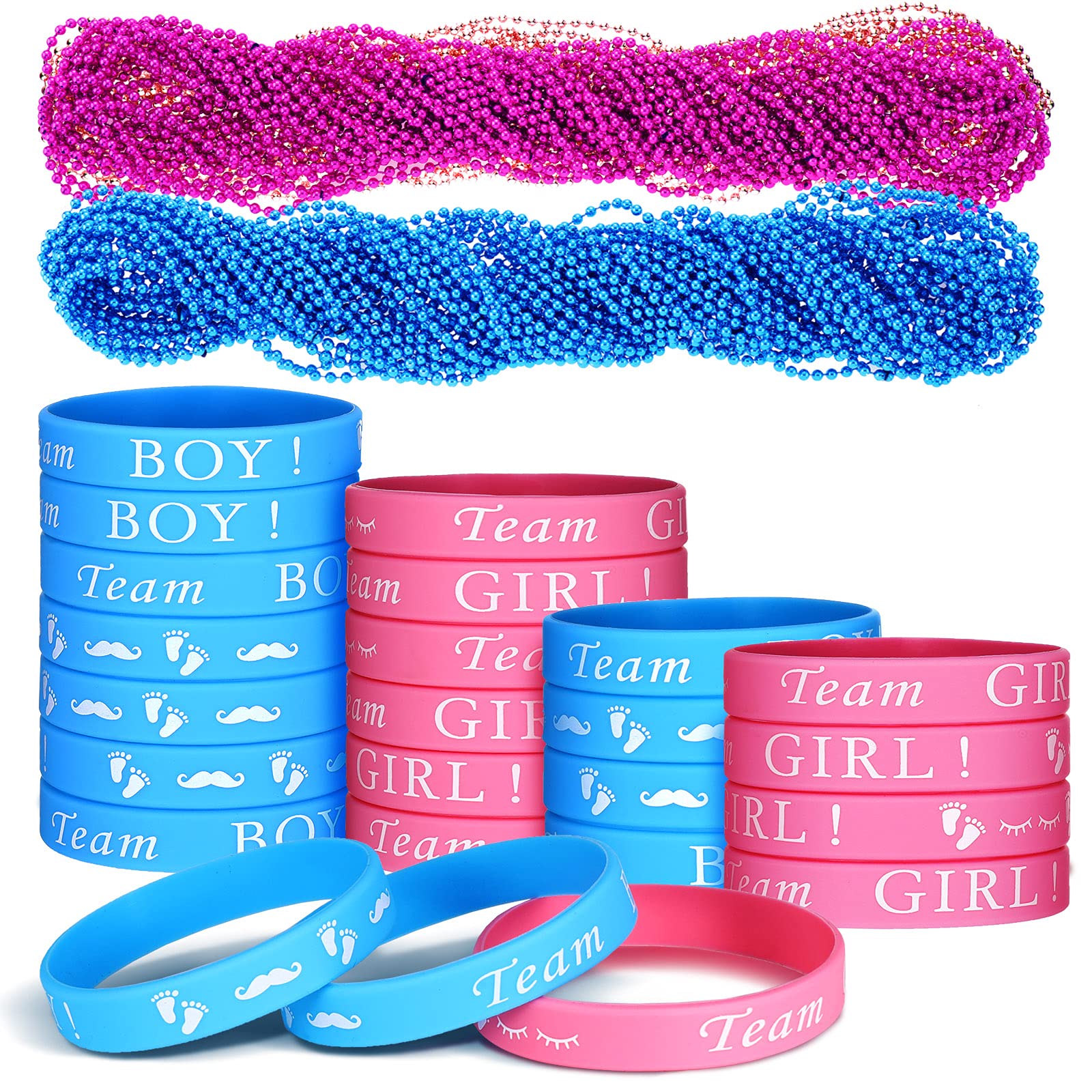 48 Gender Reveal Bracelets and Bead Necklaces Set Includes 24 Pieces Team Boy Team Girl Bracelet and 24 Pieces Bead Necklaces for Gender Reveal Party Supplies, Baby Shower, Pink and Blue