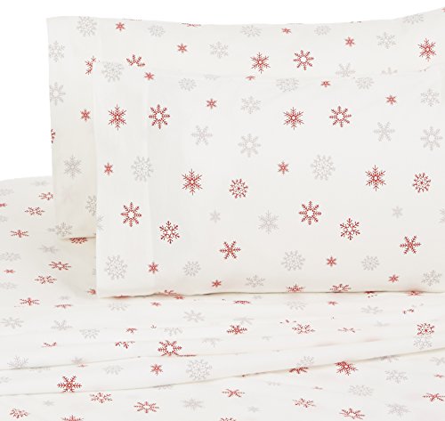Amazon Brand – Pinzon Cotton Flannel Bed Sheet Set - Queen, Falling Snowflake Merlot