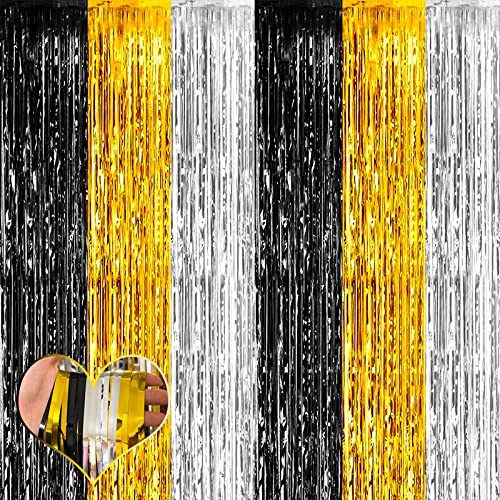 4 Pack 3.2Ft x 8.2Ft Black Gold Silver Fringe Curtain Backdrop, Metallic Tinsel Foil Fringe Streamers Curtains Background for Wedding Notorious One Birthday Roaring 20s Graduation Party Decoration