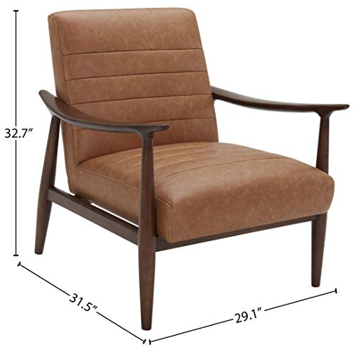 Amazon Brand β Rivet Spear Mid-Century Modern Channel Tufted Leather Accent Chair with Wood Arms, 29.1"W, Cognac Brown