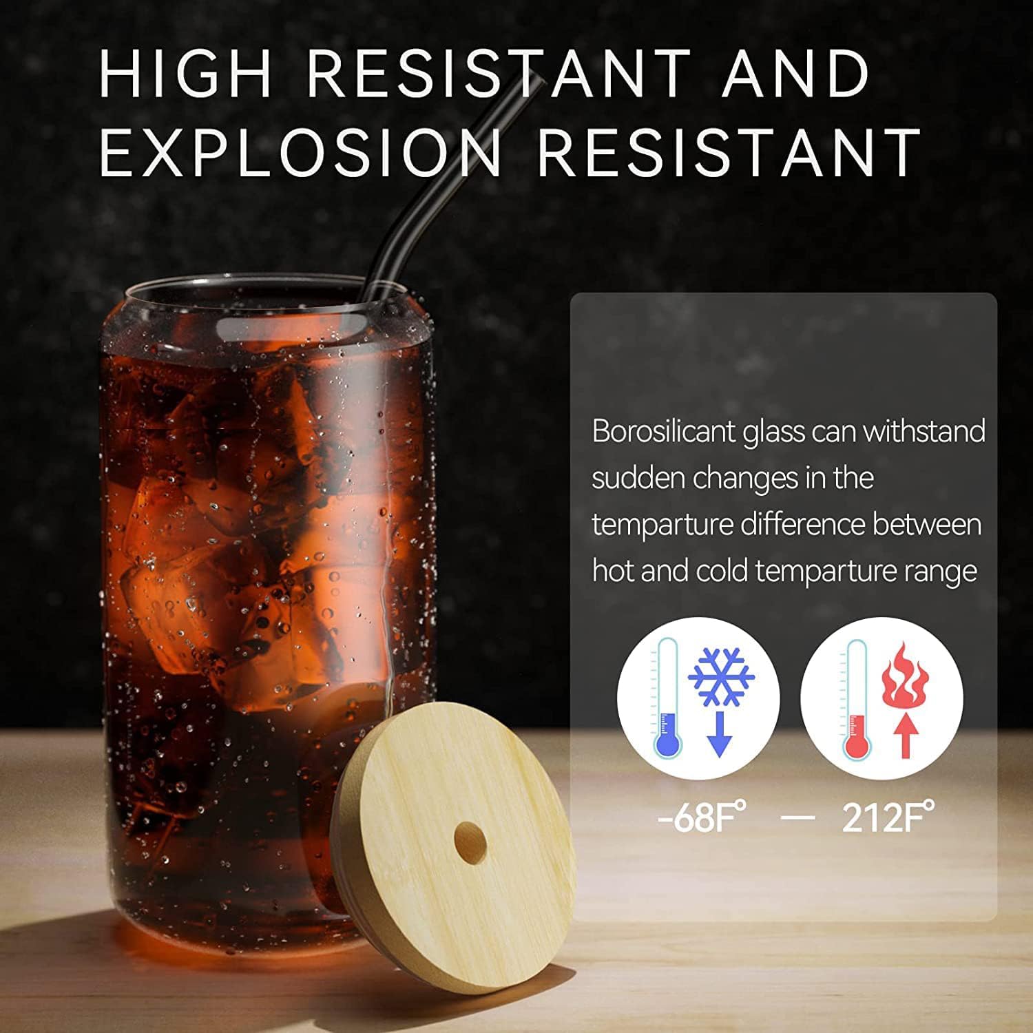 12pcs Glass Cups with Bamboo Lids and Glass Straws Set-16oz Can Shaped Drinking Glasses, Beer Glasses, Iced Coffee Glasses, Cute Tumbler Cup, Ideal for Whiskey,Cocktail,Wine,Gift-2 Cleaning Brushes