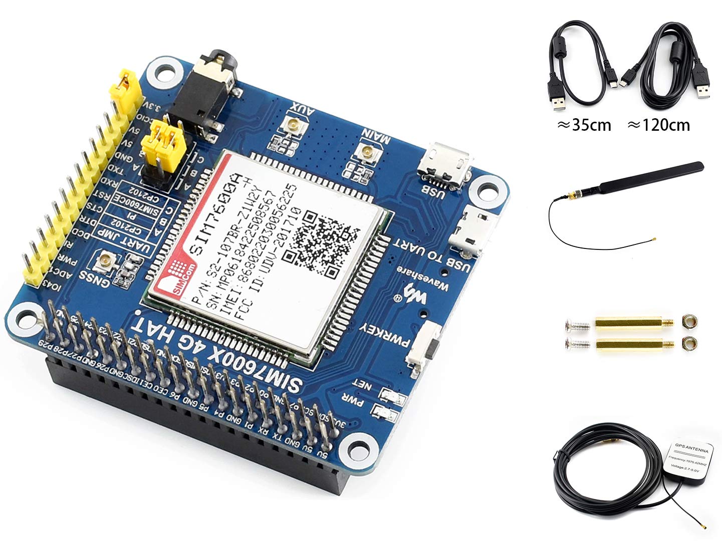 SIM7600A-H 4G/3G/GNSS HAT for Raspberry Pi 4B/3B+/3B/2B/B+/A+/Zero/Zero W/WH and Jetson Nano, 4G Communication and GNSS Positioning Module LTE-FDD B2/B4/B12 Brand Support LTE CAT4 up to 150Mbps