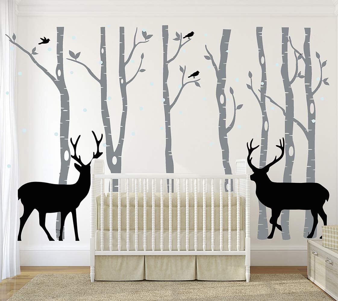 Birch Tree Deer Wall Decal Nursery Forest Removable Birch Trees Vinyl Sticker for Kids Bedroom Decor Nursery Bedroom (Grey)