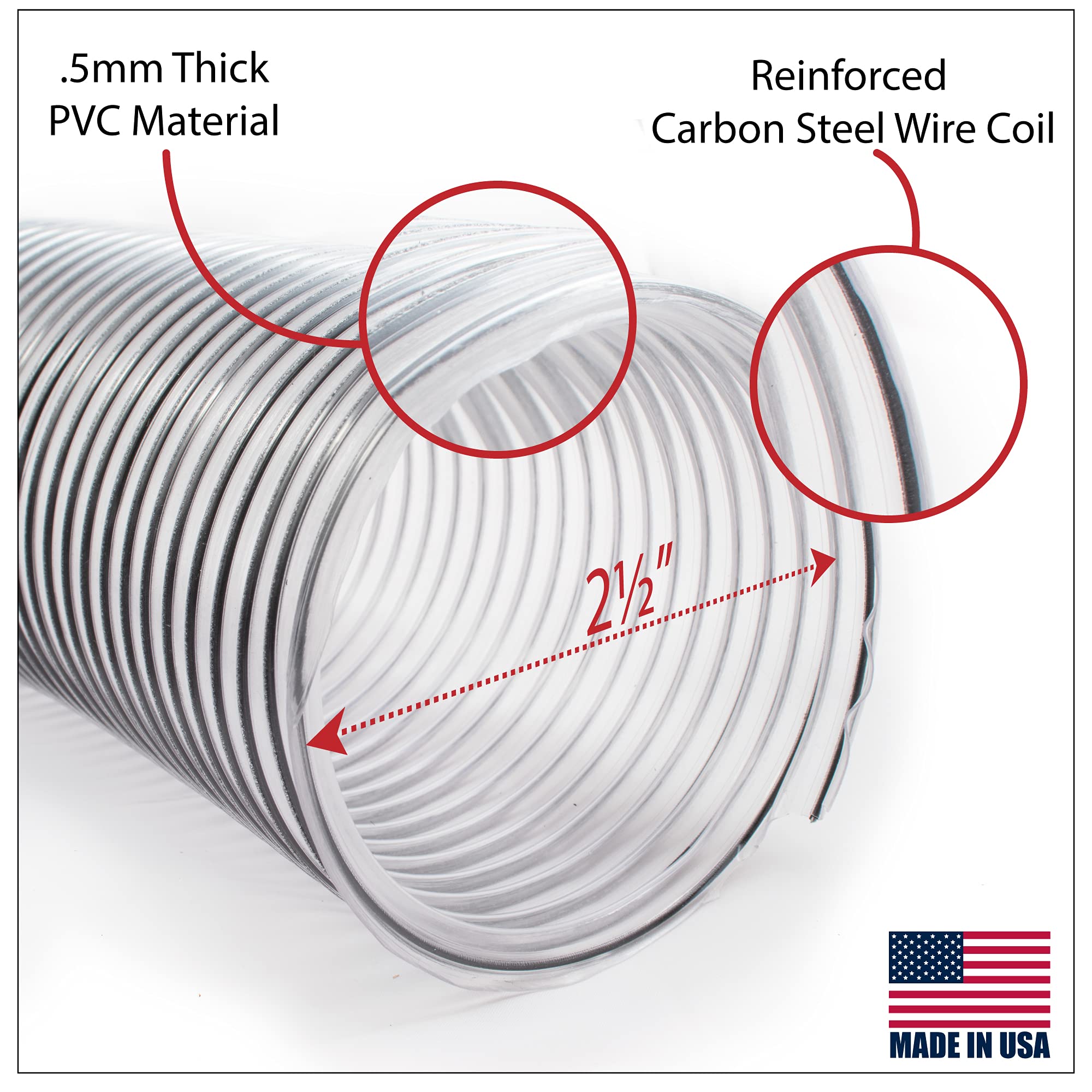 2-1/2 inch Diameter by 10 foot Long PVC Dust/Debris Collection Hose MADE IN THE USA with 2 each 2.5 inch Turnkey Stainless Steel Hose Clamps