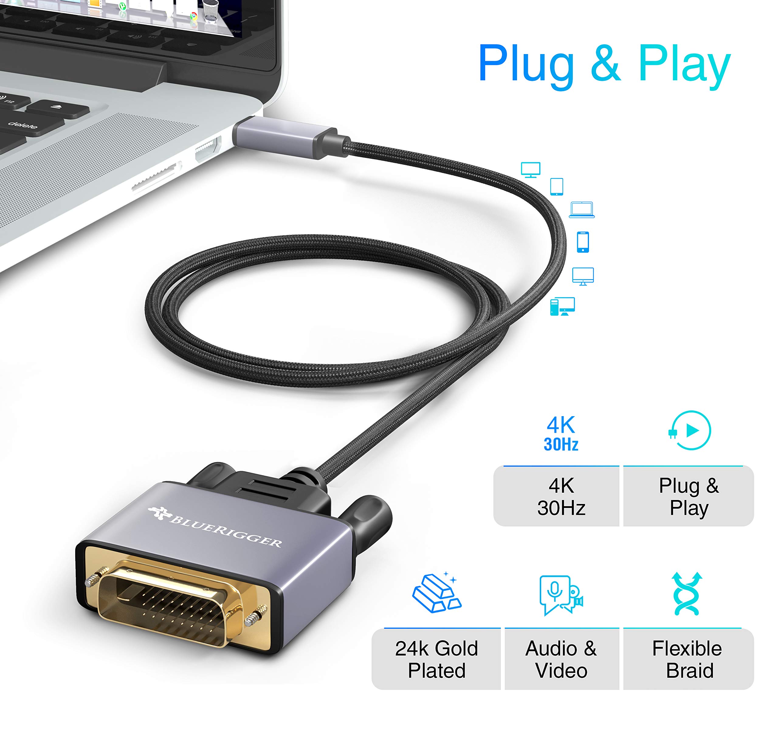 BlueRigger USB C to DVI Cable (6FT, 4K 30Hz, USB 3.1 Type C to DVI, Thunderbolt 3 to DVI) USB-C to DVI-D Cable Compatible with Samsung Galaxy, Surface Book, MacBook Pro, Dell, Pixelbook and More