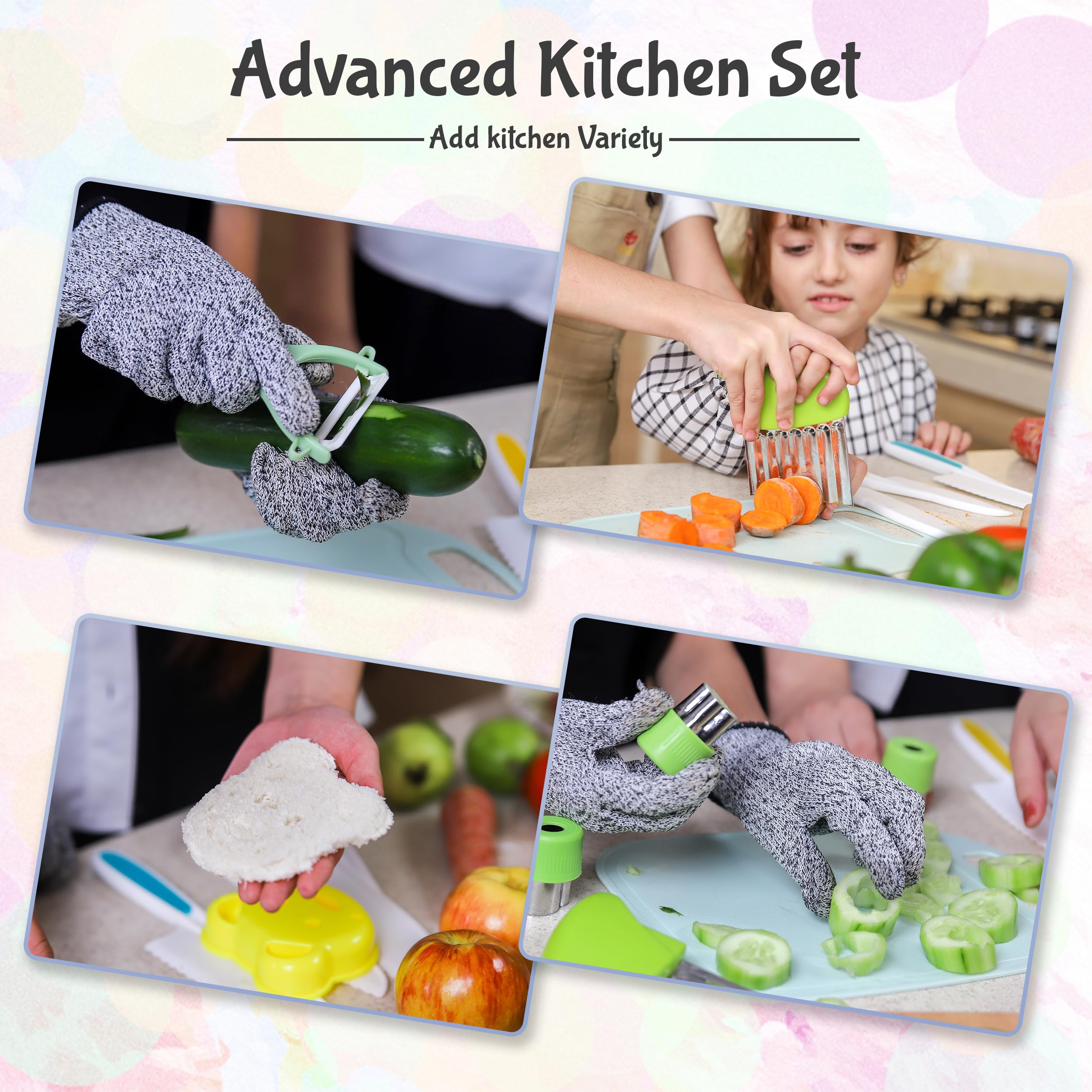 14-Piece Montessori Kitchen Tools Kids Knife Set with Gloves, Cutting Board, Fruit & Vegetable Crinkle Cutters, Safe Serrated Edges, and Plastic Toddler Knives for Real Cooking Experience - Monkey
