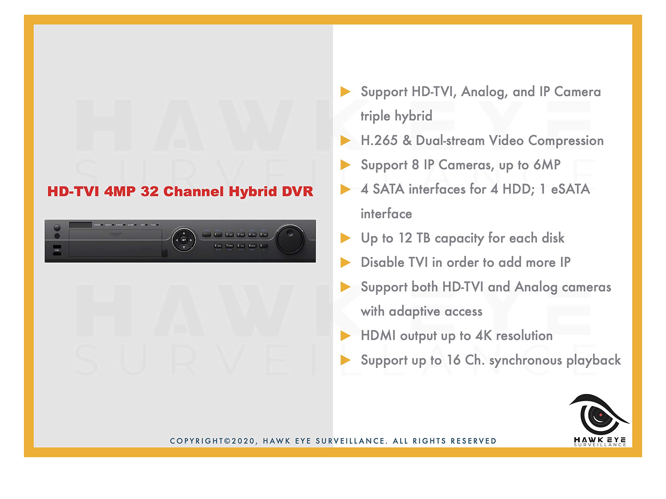 32CH HD TVI 4MP DVR - Surveillance Digital Video Recorder 32CH HD-TVI/CVI/AHD H265 Full-HD HDMI/VGA/BNC Video Output Analog & IP Camera Support Hikvision Compatible with DS-7332HQHI-K4 3 Year Warranty