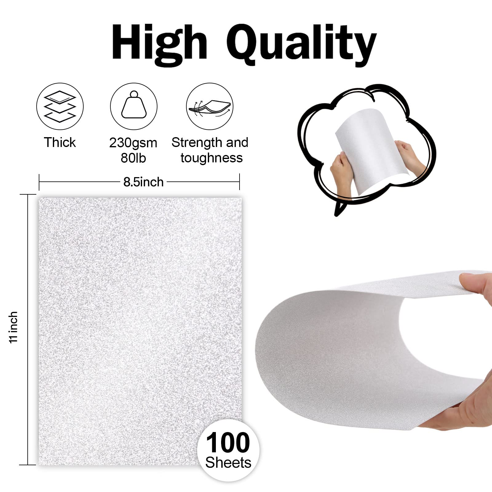 100 Sheets Silver Glitter Cardstock 8.5x11 Double-Sided, Goefun 80lb No-Shed Shimmer Glitter Paper for Scrapbook, Birthday, Wedding Party, Decorations (Not Suitable for Printing)