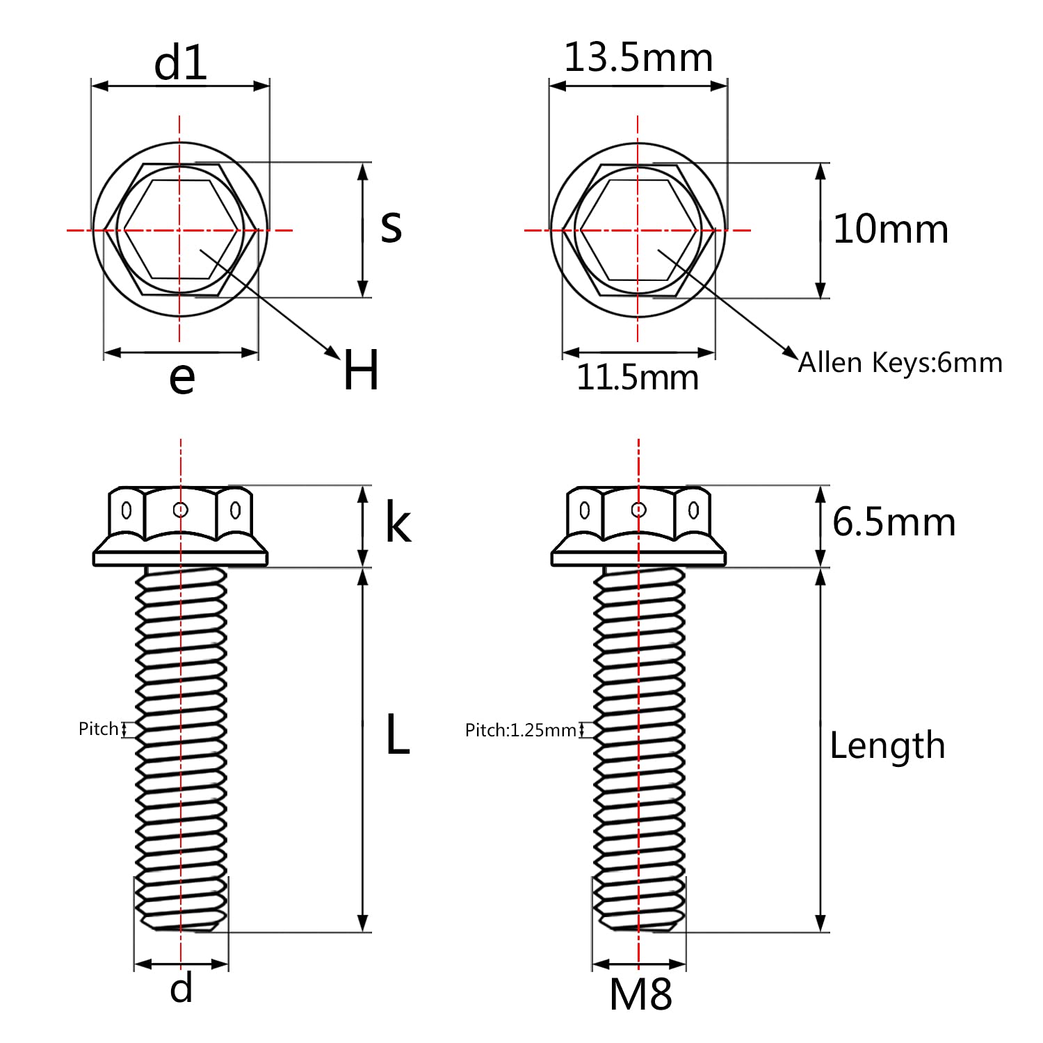 Wanyifa Titanium Flange Hex Head Bolt M8 15 20 25 30 35 40 45 50 55 60mm Screws Pack of 4 (M8x30mm, Silver)