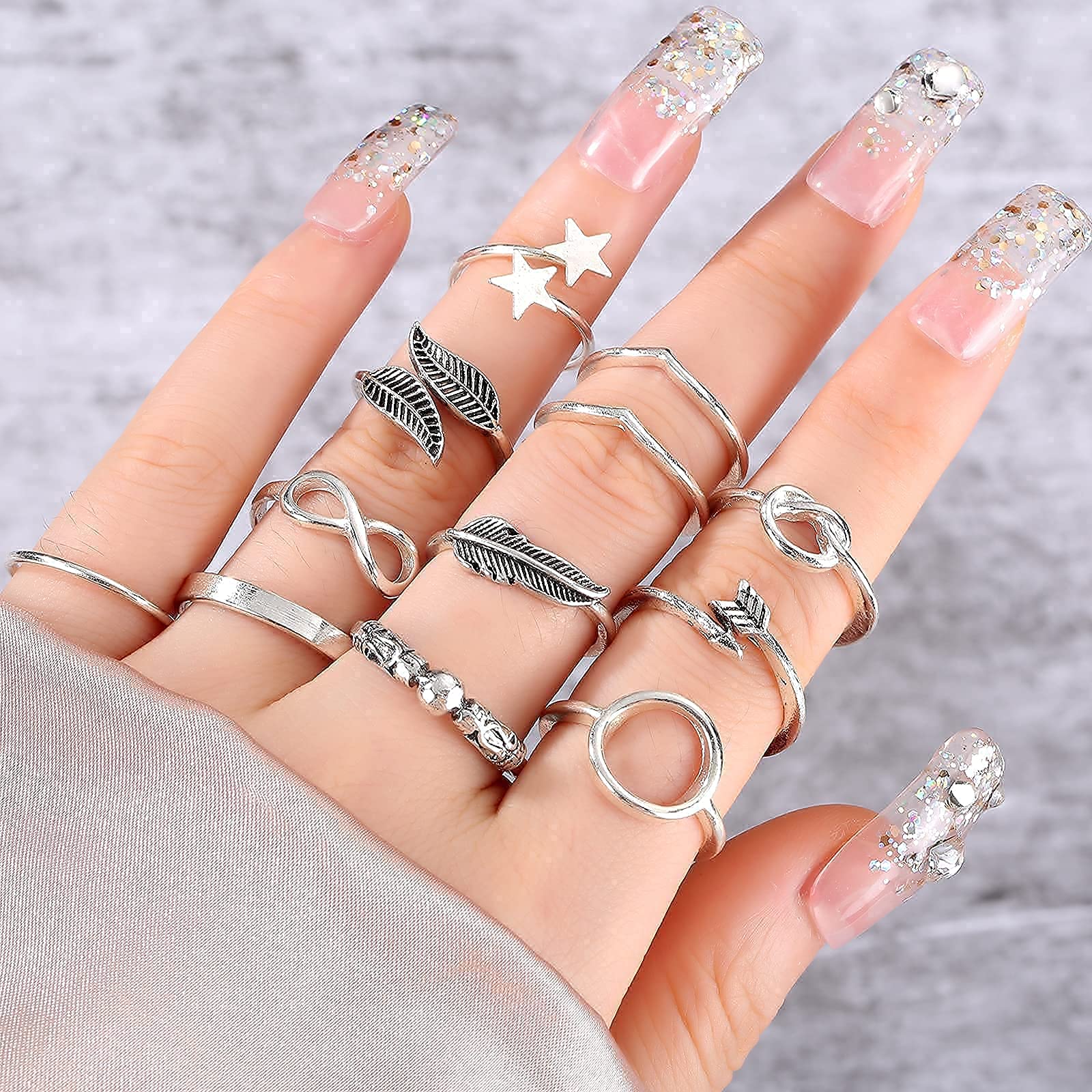 12 Pack Silver Knuckle Ring Set for Women Stackable Vintage Rings for Teen Girls Boho Trendy Finger Rings Adjustable Various Punk Rings Aesthetic Friendly Stacking Ring Sets Gifts