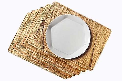 All Natural Handmade Woven Wood Kitchen Mat, Placemats Set of 6, Outdoor Rattan Seagrass, Eco-Friendly Wicker Bamboo Cork, Washable Non-Slip Jute Place Mats for Dining Table (17" x 12")
