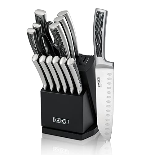 Knife Set, 14-Piece German Steel Kitchen Knife Block Sets with Built-in Sharpener, Rotating Block