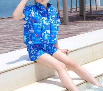 Digirlsor Baby Toddler Girls Boys Float Suit One Piece Rashguard Cartoon Short Sleeve Zip up Buoyancy Swimsuit +Cap Blue, 1-2T