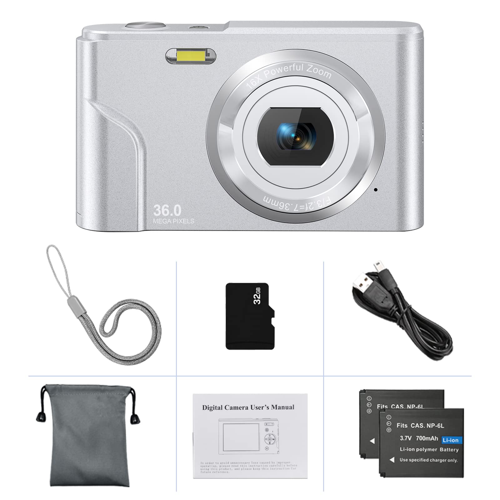 Digital Camera for Kids Boys and Girls - Digital Camera, Full HD 1080P 36.0 Mega Pixels Vlogging Camera with 16X Digital Zoom, LCD Screen for Students, Teens, Kids (Silver)